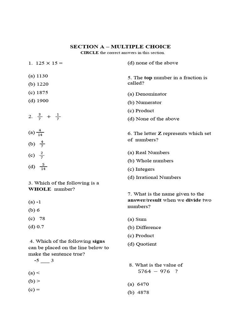Math Practice Test: Multiple Choice & More | PDF | Mathematics ...