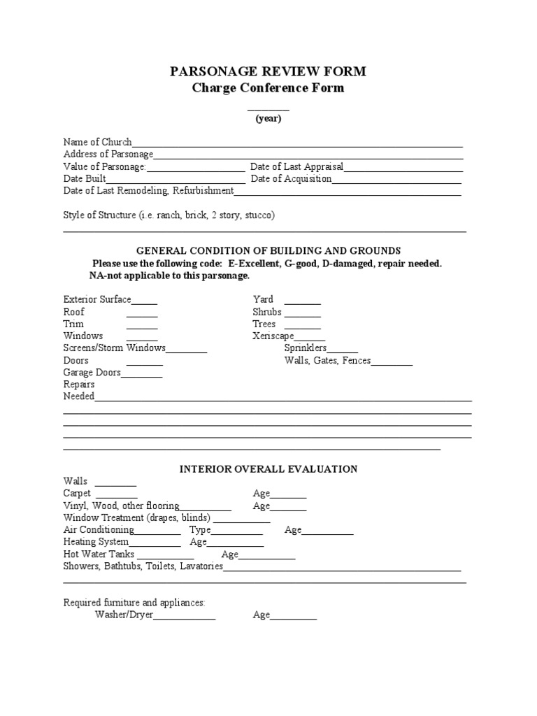 Parsonage Review Form Charge Conference Form - : (Year) | PDF