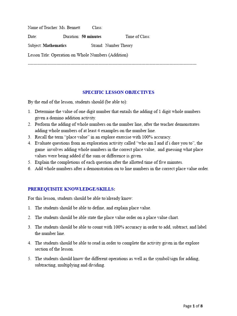 Whole Number Addition Lesson Plan | PDF | Natural Number | Numbers