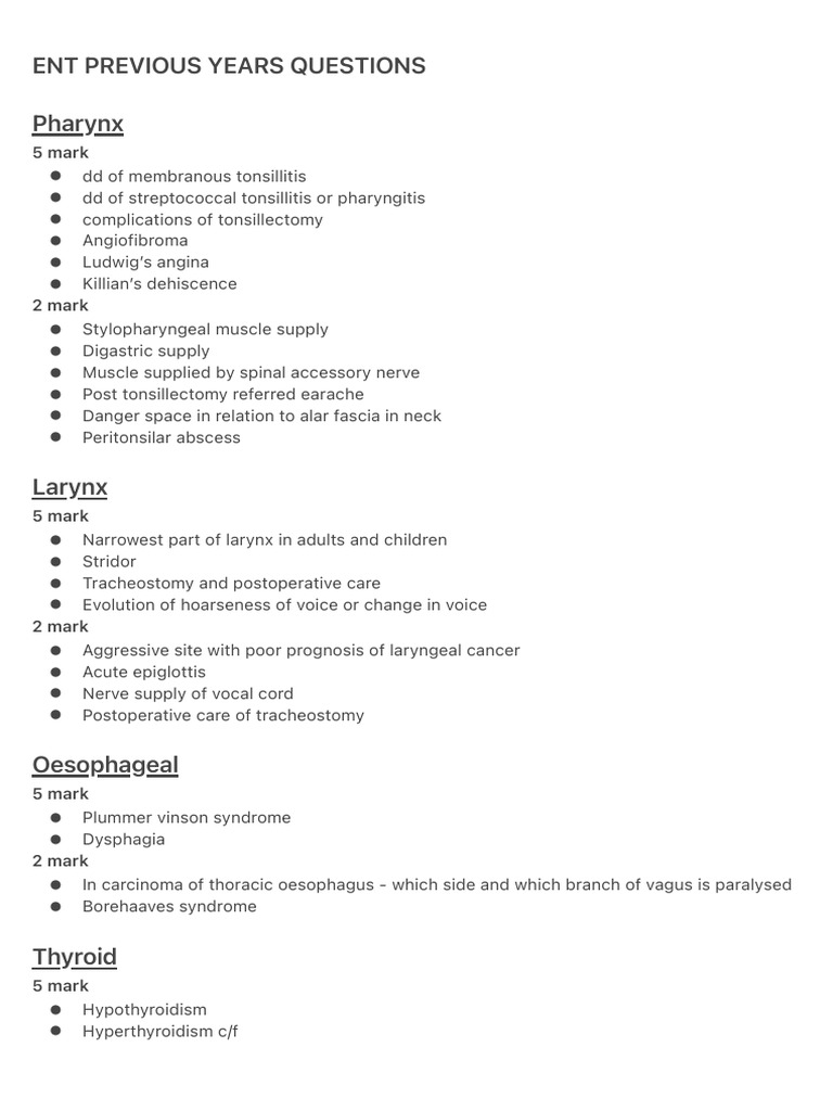 ENT Exam Questions and Key Topics | PDF | Human Nose | Larynx