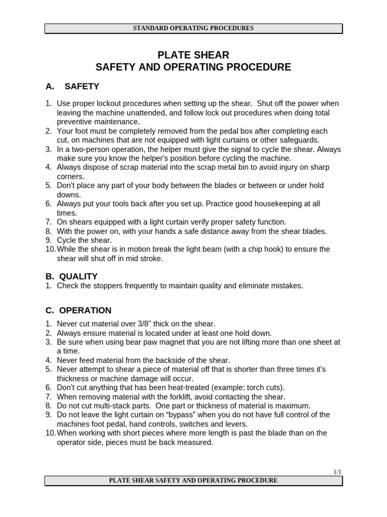 Plate Shear and Operating Procedure | PDF