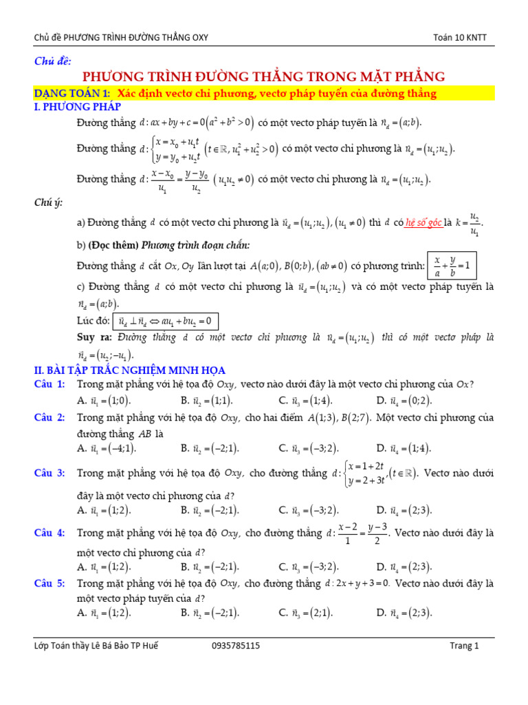 Chu de Phuong Trinh Duong Thang Trong Mat Phang Toan 10 Knttvcs Trang | PDF
