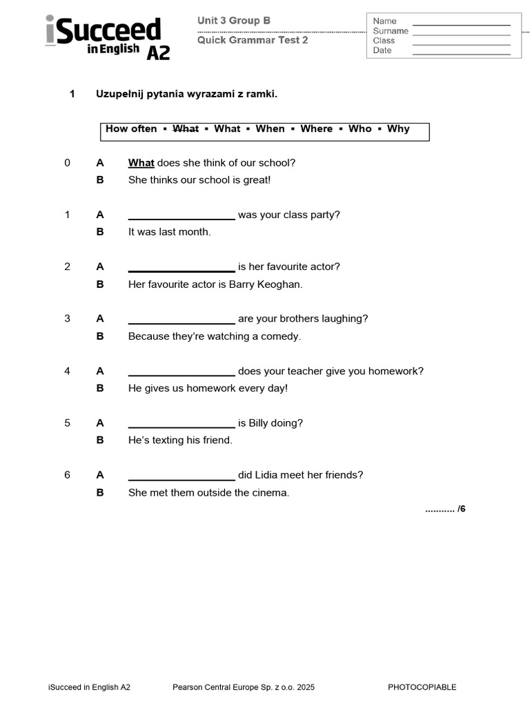 Unit 3 - Quick Grammar Test 2 - Group B | PDF