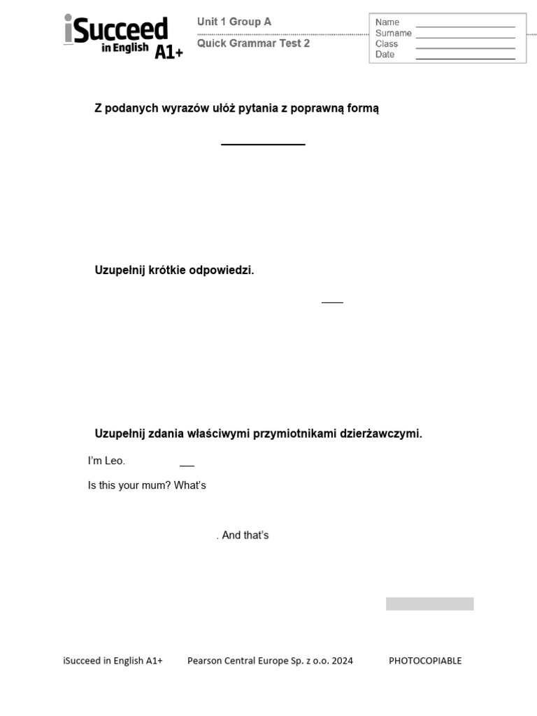 Unit 1 - Quick Grammar Test 2 - Group A | PDF