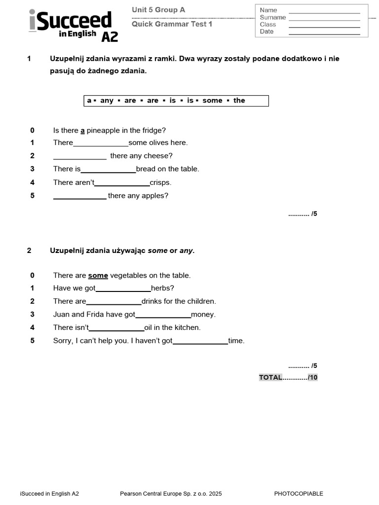 Unit 5_Quick Grammar Test 1_Group A | PDF