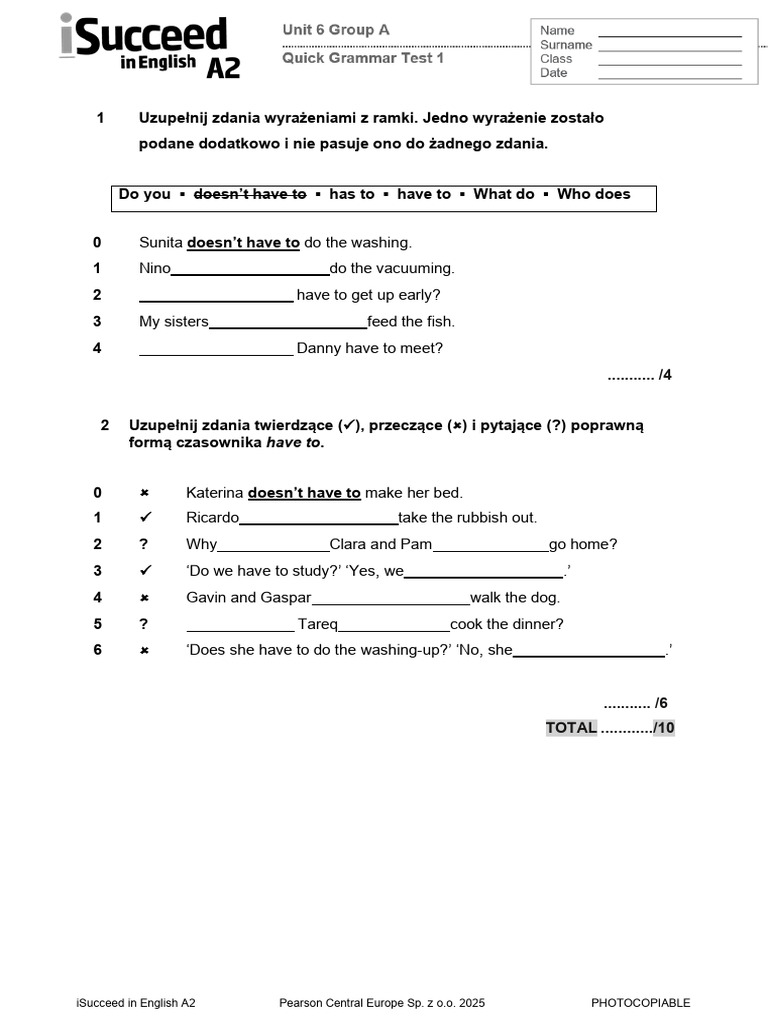 Unit 6 - Quick Grammar Test 1 - Group A | PDF