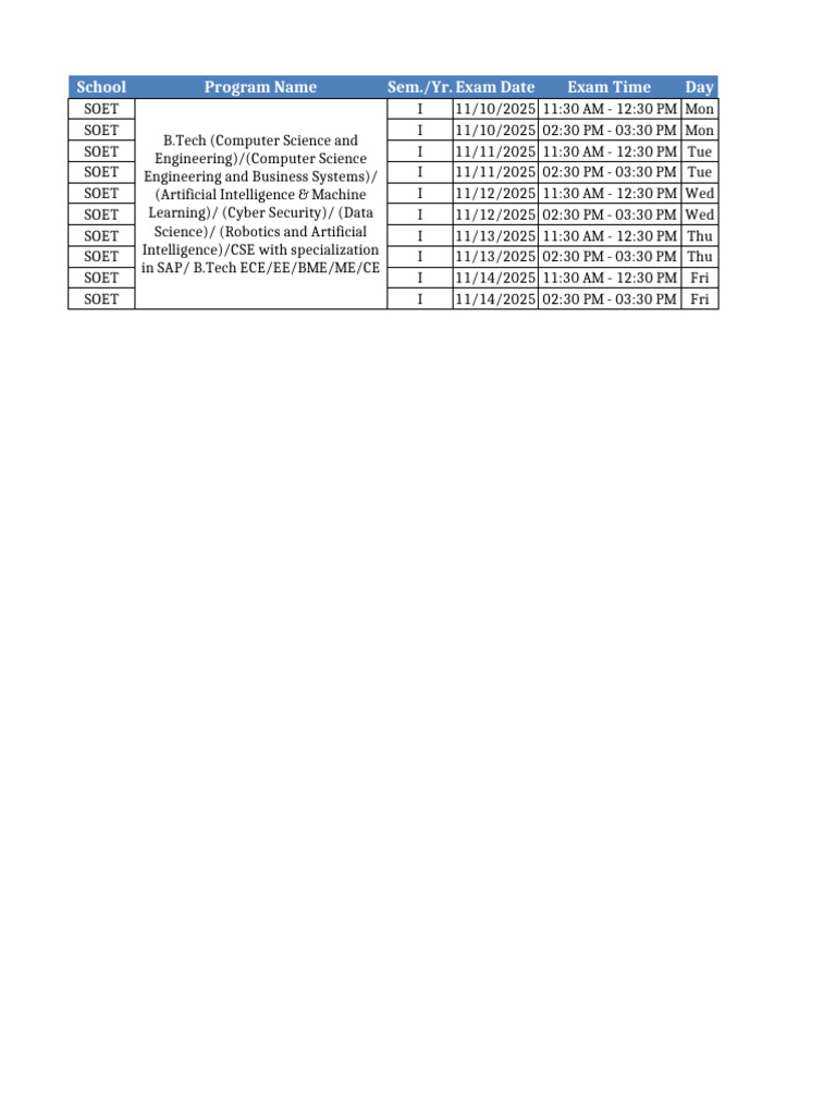 Re-Mid Sem Exam Schedule (10-14th November 2025) | PDF