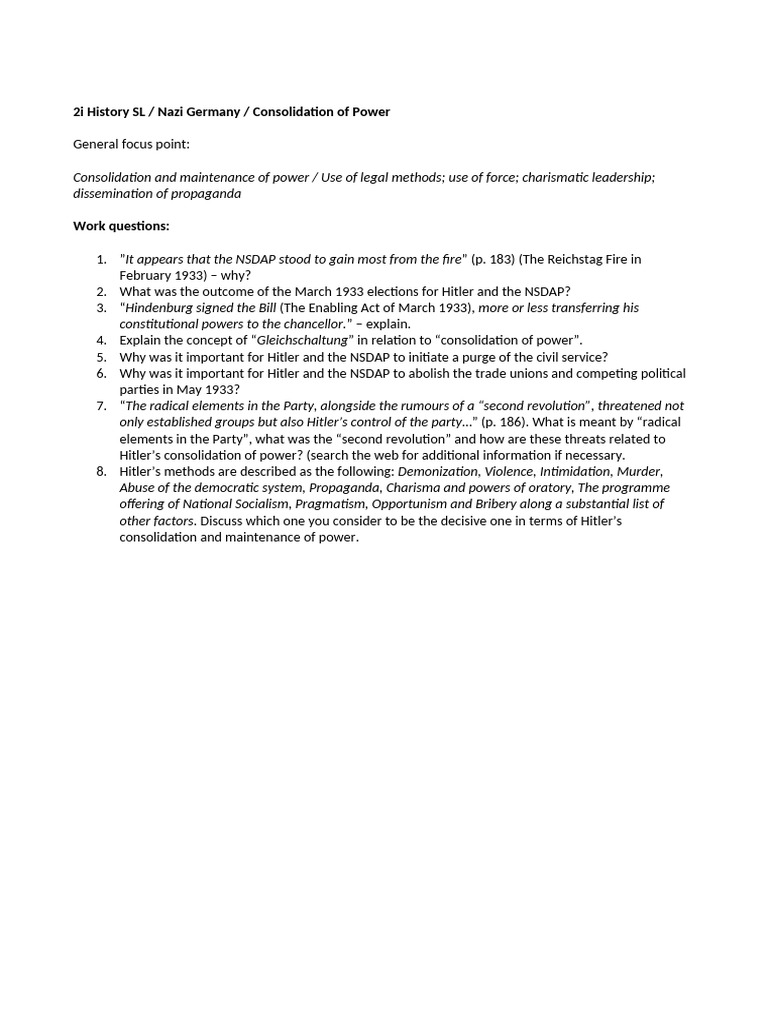 Nazi Germany Consolidation Work Sheet | PDF