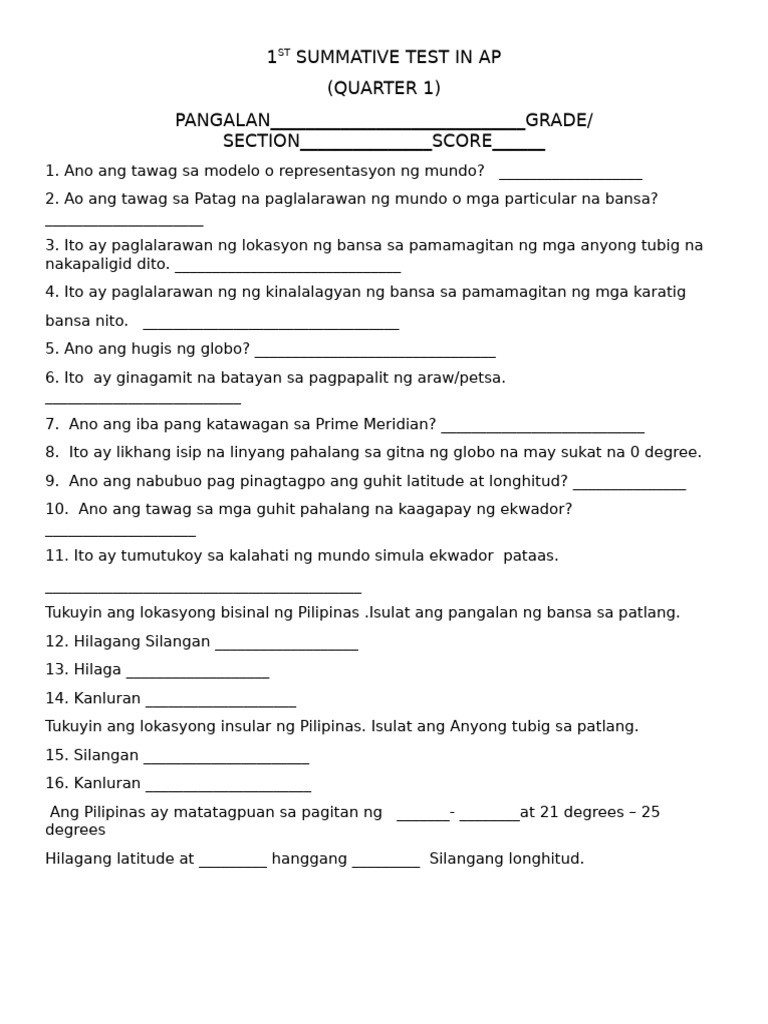 1st Summative Test in AP | PDF