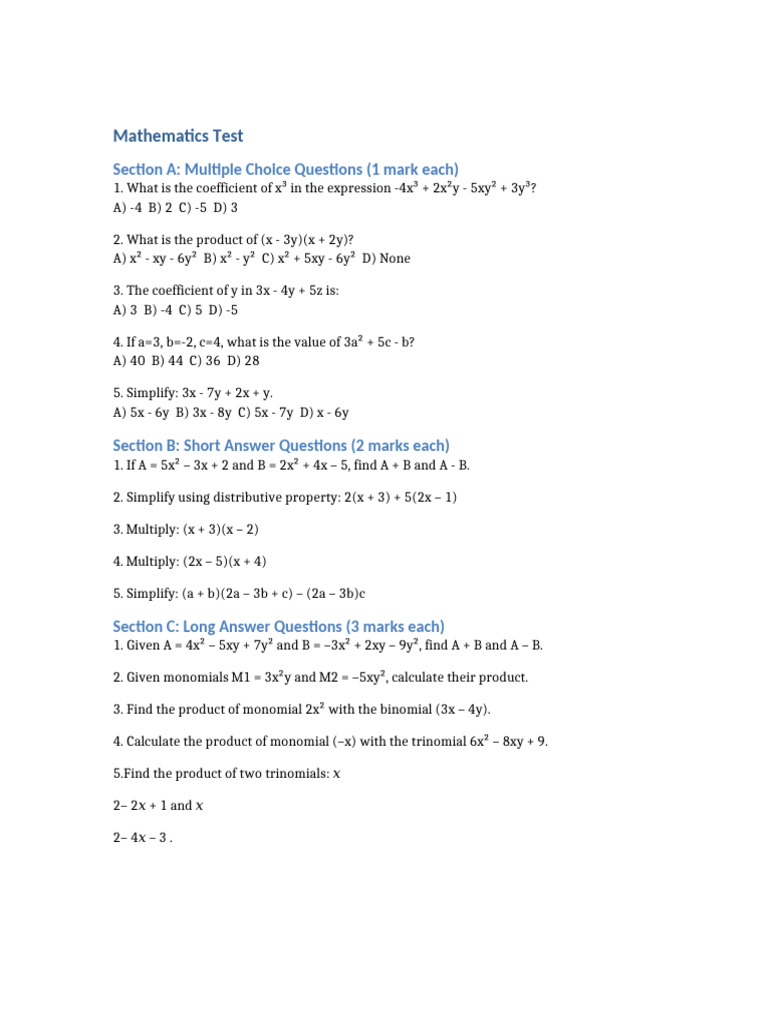 Mathematics Test: Questions & Answers | PDF