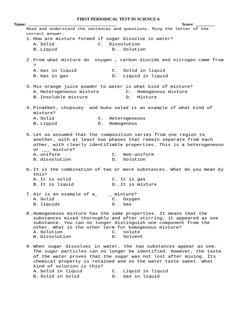 Science 6 Periodical Test on Mixtures | PDF | Mixture | Solubility