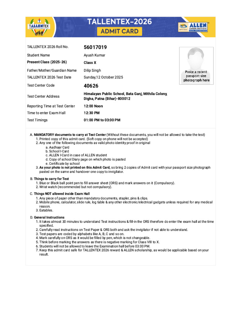 TALLENTEX 2026 Admit Card Details | PDF