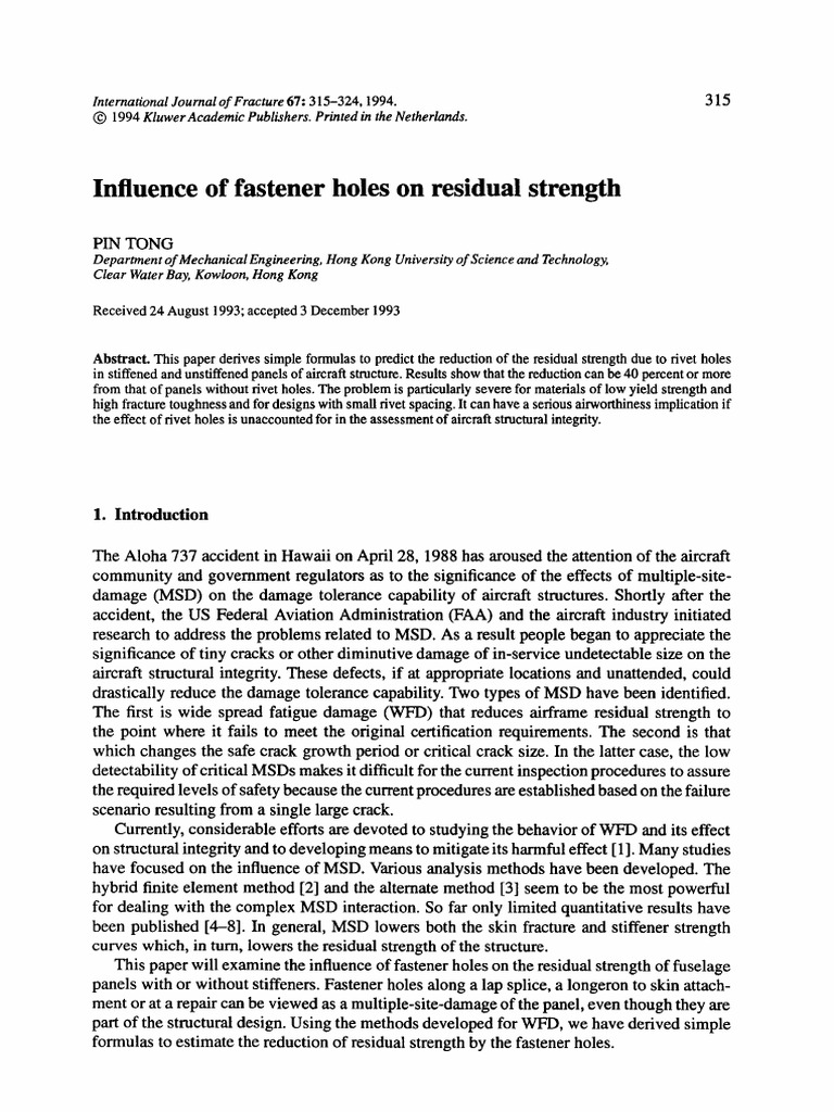 +influence of Fastener Holes On Residual Strength - Pin Tong | PDF ...