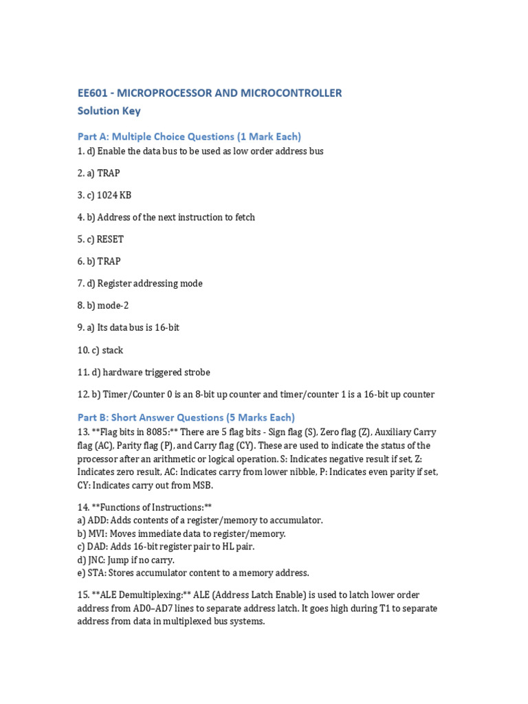 Ee601 - Microprocessor and Microcontroller Solution Key: Part A ...