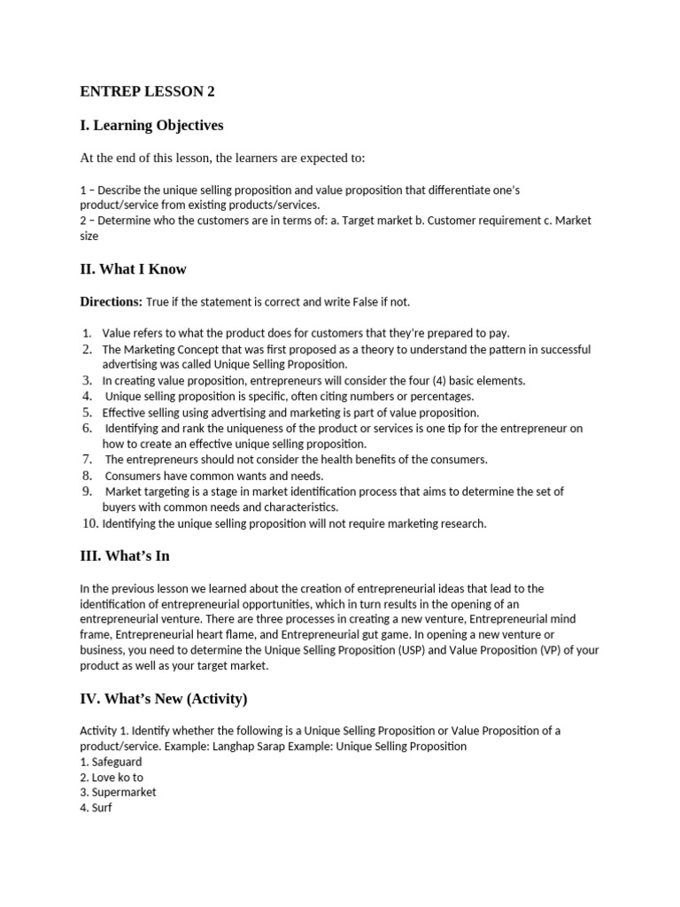 Las Lesson 3 Entrep | PDF | Marketing | Entrepreneurship