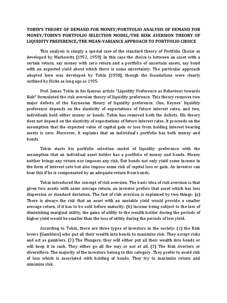 Tobin's Theory of Demand For Money | PDF | Modern Portfolio Theory ...