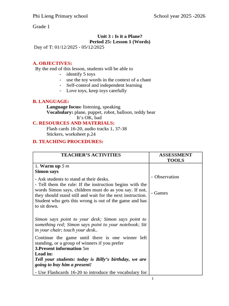 Grade 1 Lesson Plan: Toy Vocabulary | PDF | Vocabulary | Learning