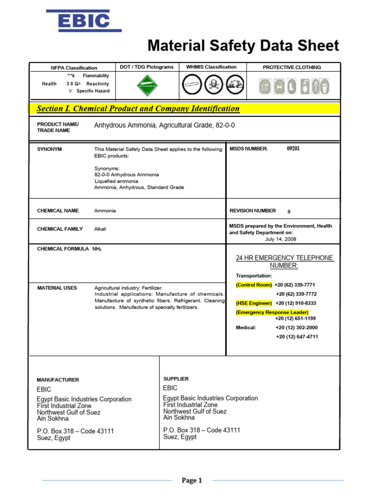Ammonia Egypt SDS | PDF | Ammonia | Safety