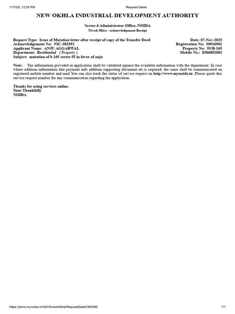 Mutation Letter Request for Property 55/B-165 | PDF