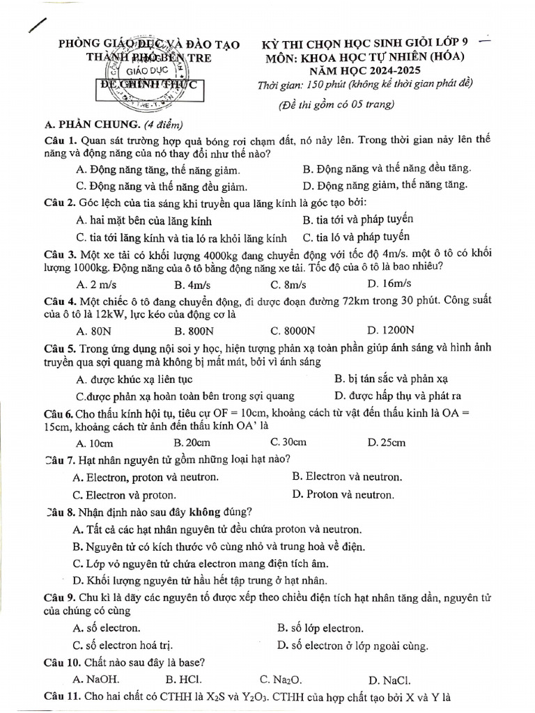 Đề Hsg Hóa 9 Tp Bến Tre 2024 2025 | PDF