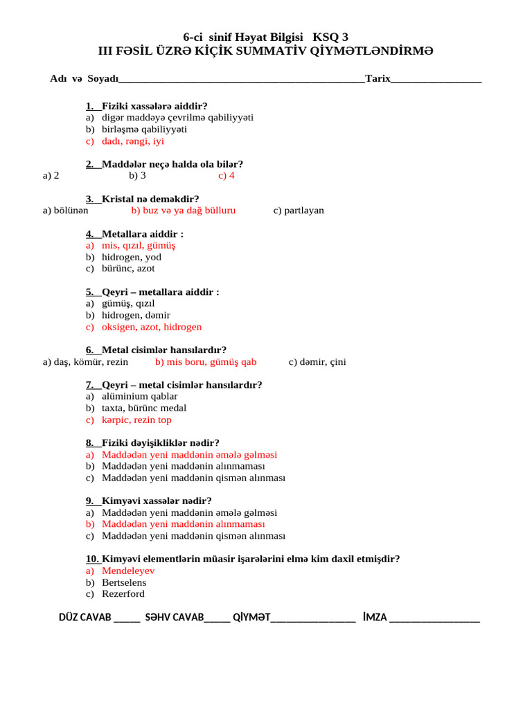 6 Sinif Heyat Bilgisi KSQ 3 | PDF