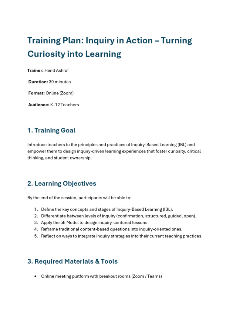 Training Plan Inquiry in Action - Turning Curiosity Into Lea | PDF ...