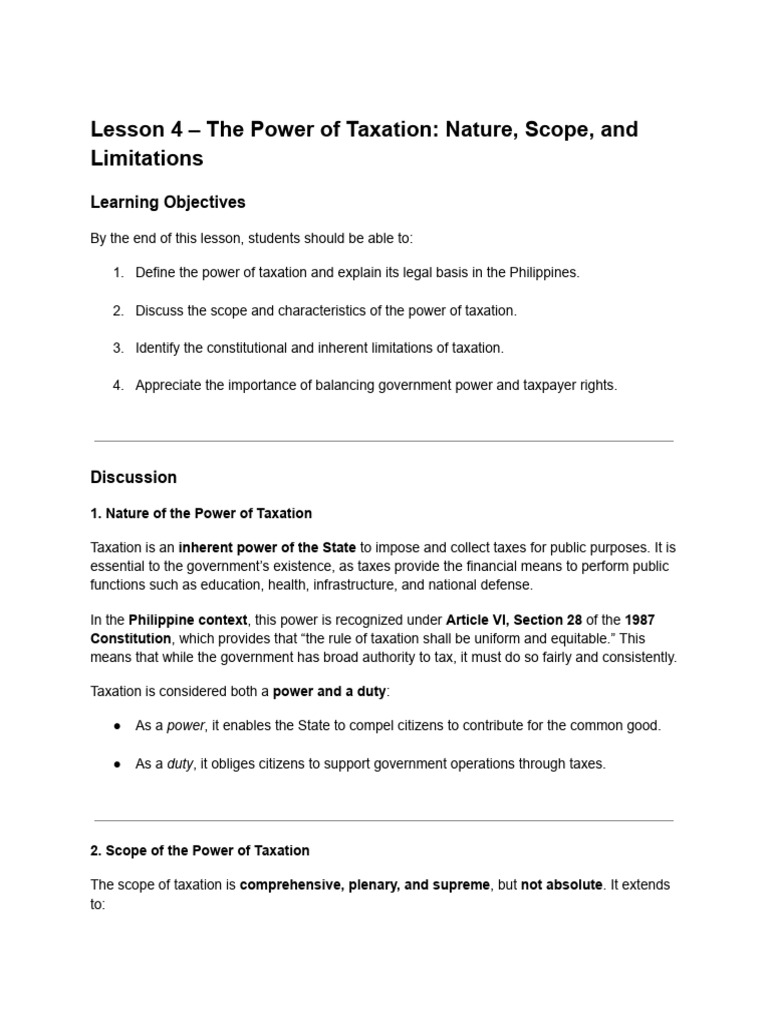 Lesson 4 - The Power of Taxation Nature, Scope, and Limitations | PDF ...