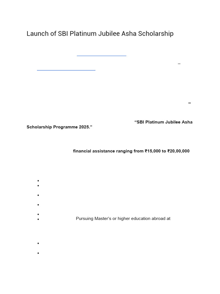 Launch of SBI Platinum Jubilee Asha Scholarship | PDF | Postgraduate ...