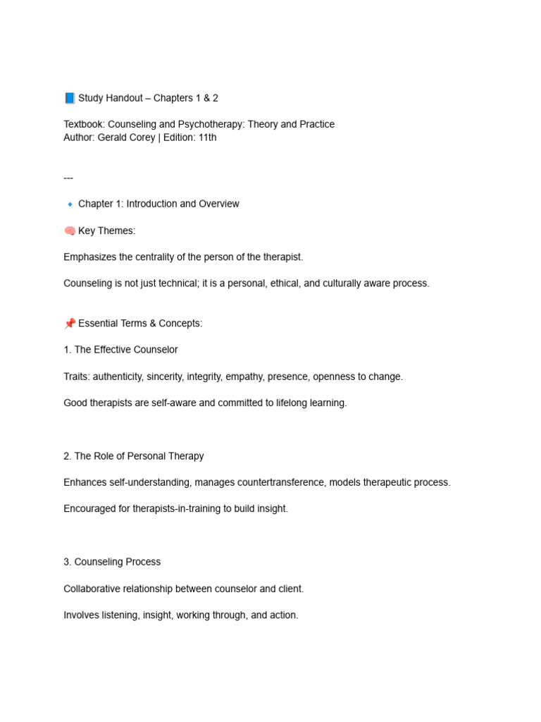 Study Handout Chapters 1 2 Counseling Pdf Psychotherapy