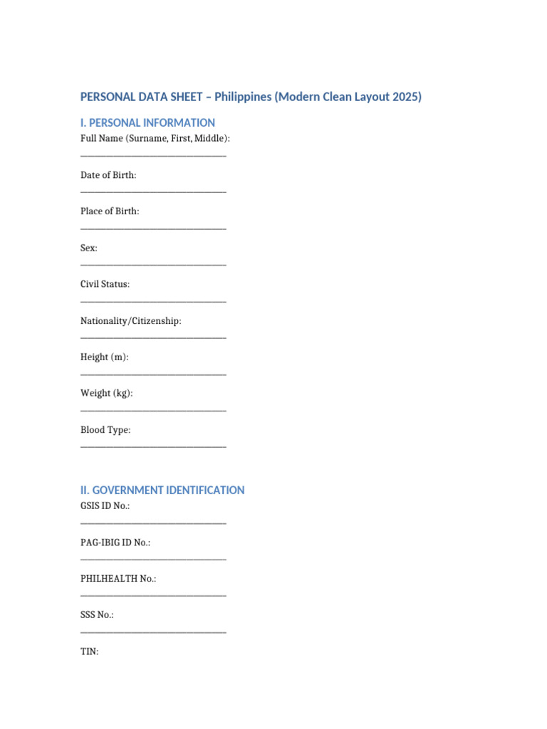Personal Data Sheet Template 2025 | PDF
