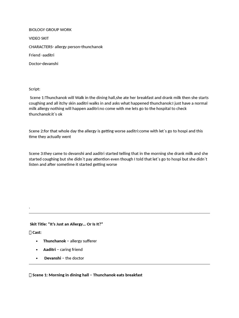 Allergy Awareness Skit Script | PDF | Allergy | Allergology