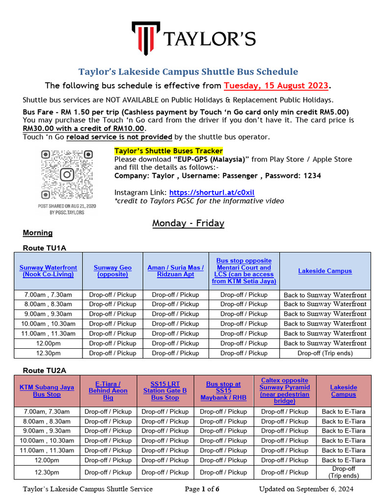Taylor's Lakeside Campus Shuttle Schedule | PDF | Passenger Rail ...