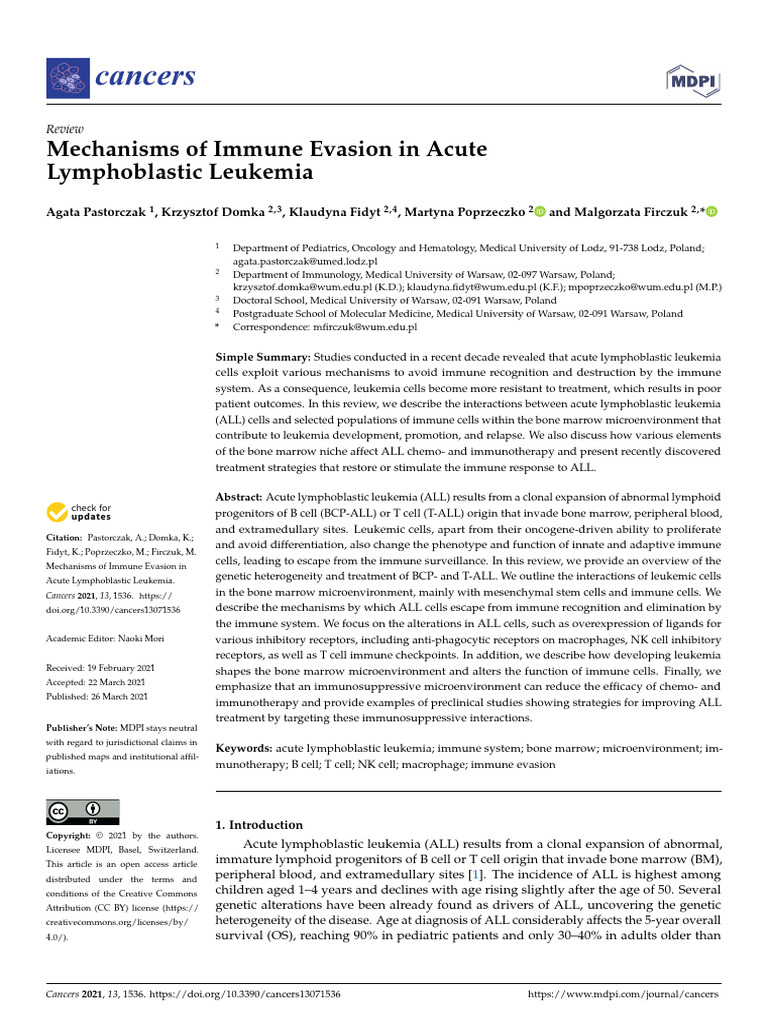 Mechanisms of Immune Evasion in Acute Lymphoblastic Leukemia (Cancers ...