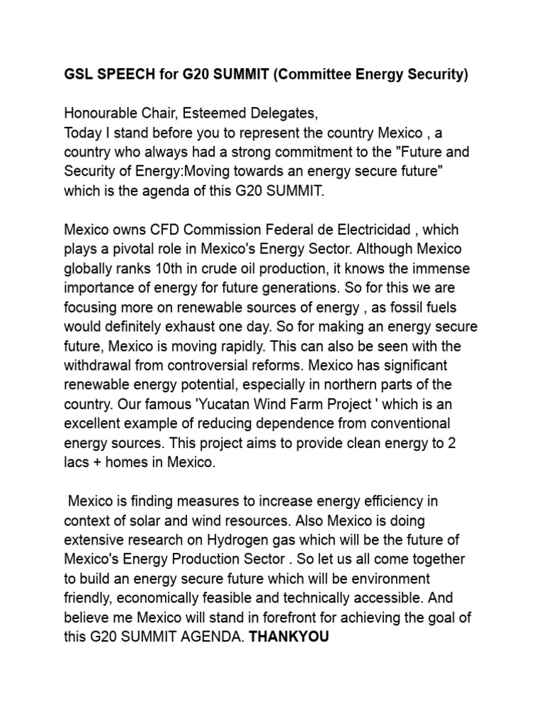 GSL SPEECH For G20 SUMMIT (Committee Energy Security) | PDF