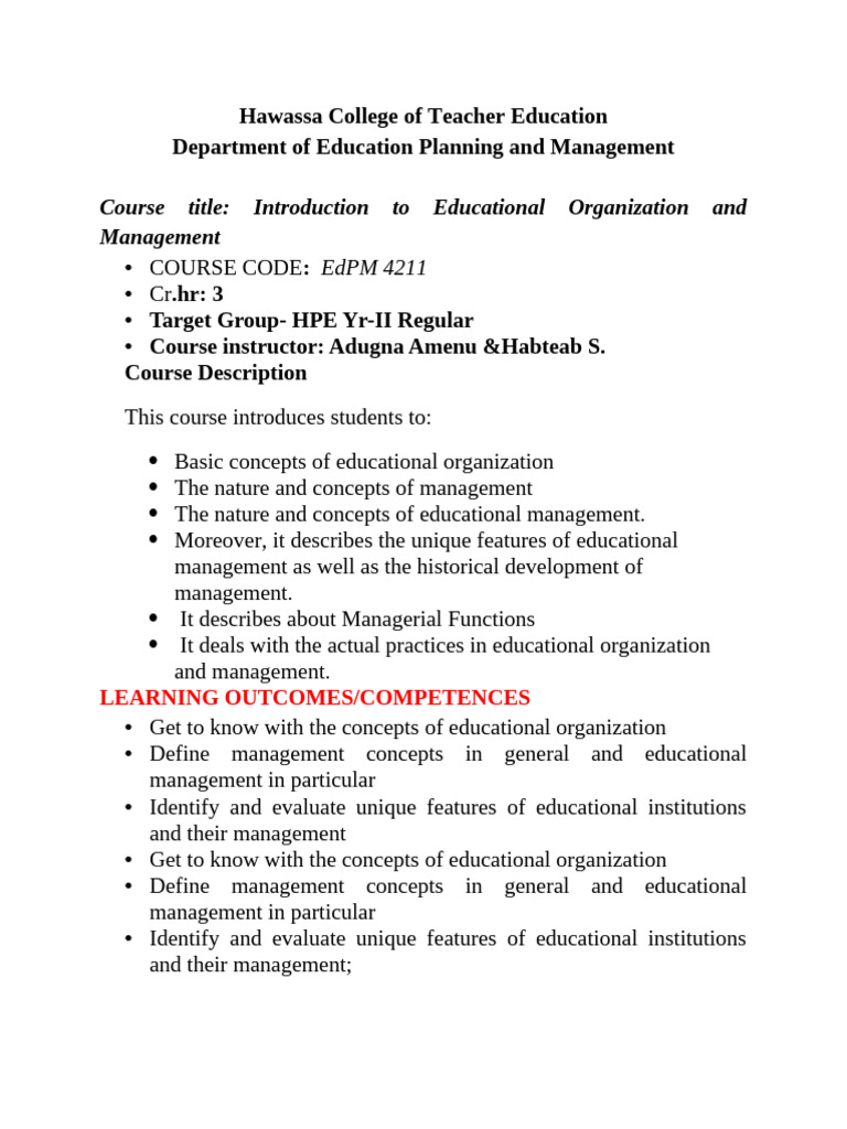 Educational Organization & Management Course | PDF | Concept | Liberal ...