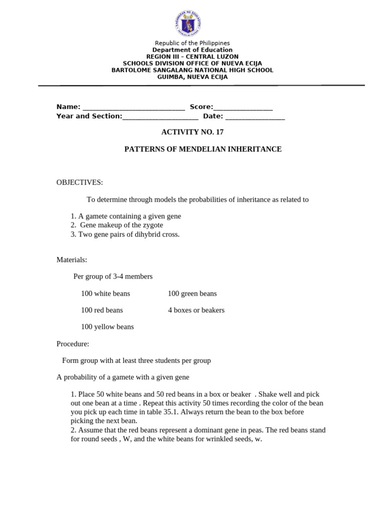 Activity No. 17 Mendelian Genetics | PDF | Genetics | Biology