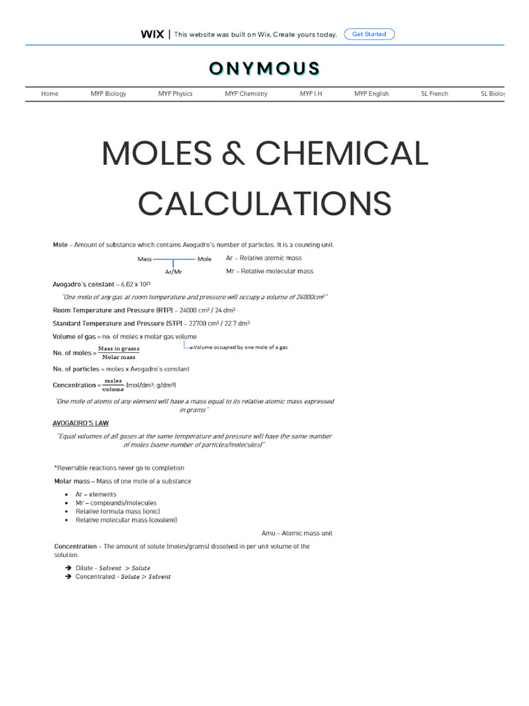 Moles & Chemical Calculations Guide | PDF