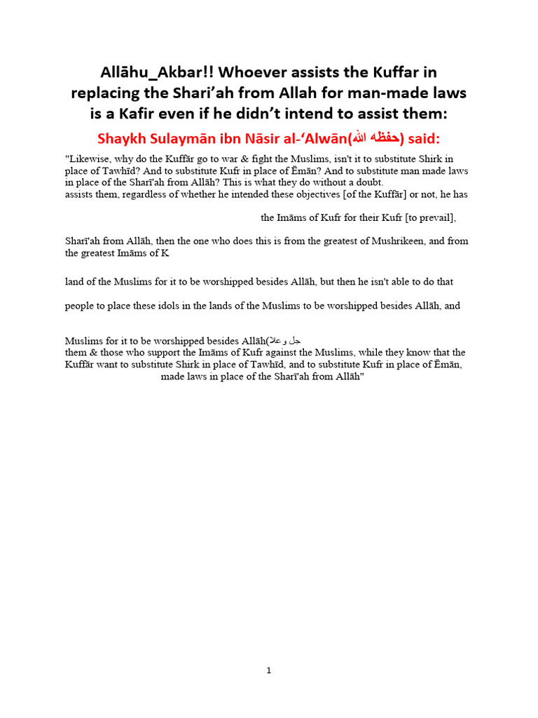 Assisting Kuffar Replace Law of Allah Is Kufr Even If You Didn't Intend ...