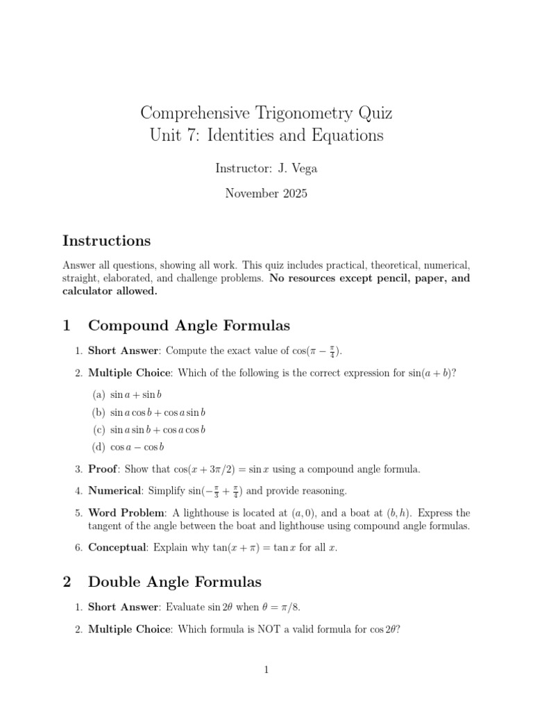 Trigonometry Quiz: Identities & Equations | PDF | Trigonometric ...