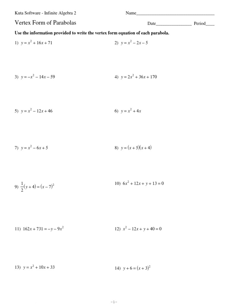 Vertex Form of Parabolas With Answers (Quadratic) | PDF