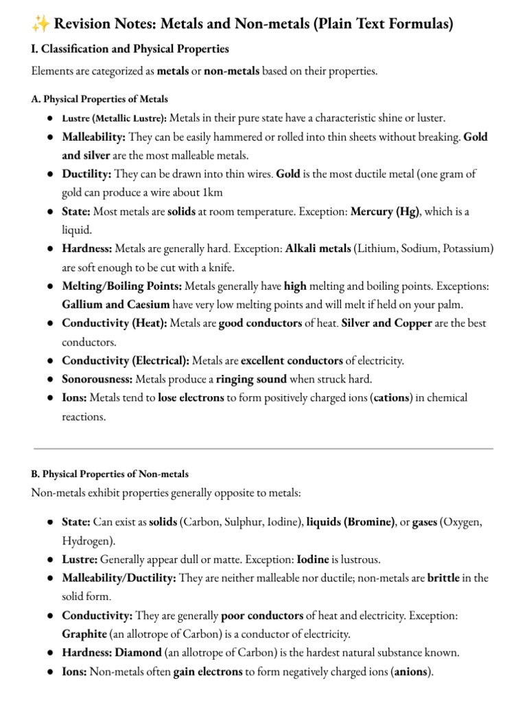 Revision Notes - Metals and Non-Metals (Plain Text Formulas) - Revision ...