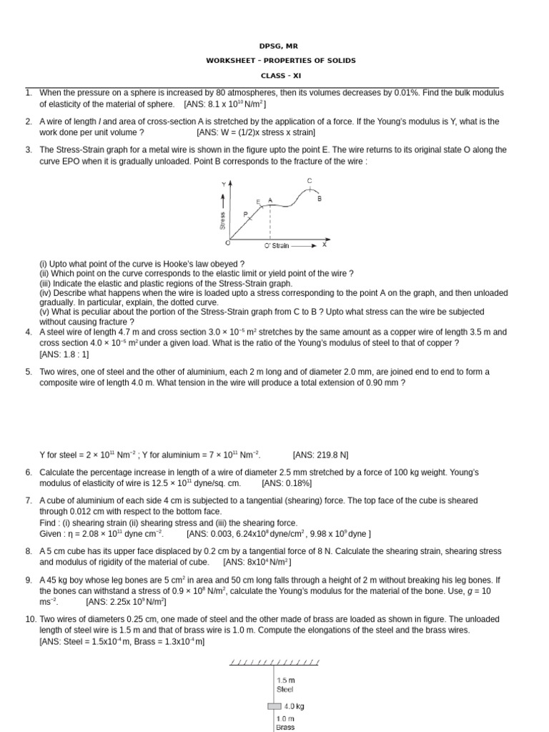 Properties of Solids Worksheet for Class XI | PDF | Young's Modulus ...