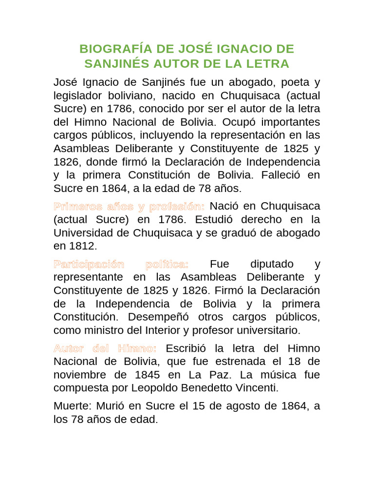 Biografía de José Ignacio de Sanjinés | PDF