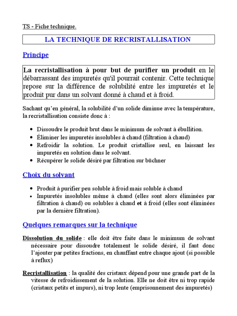 Fiche Technique - TS - La Recristallisation | PDF