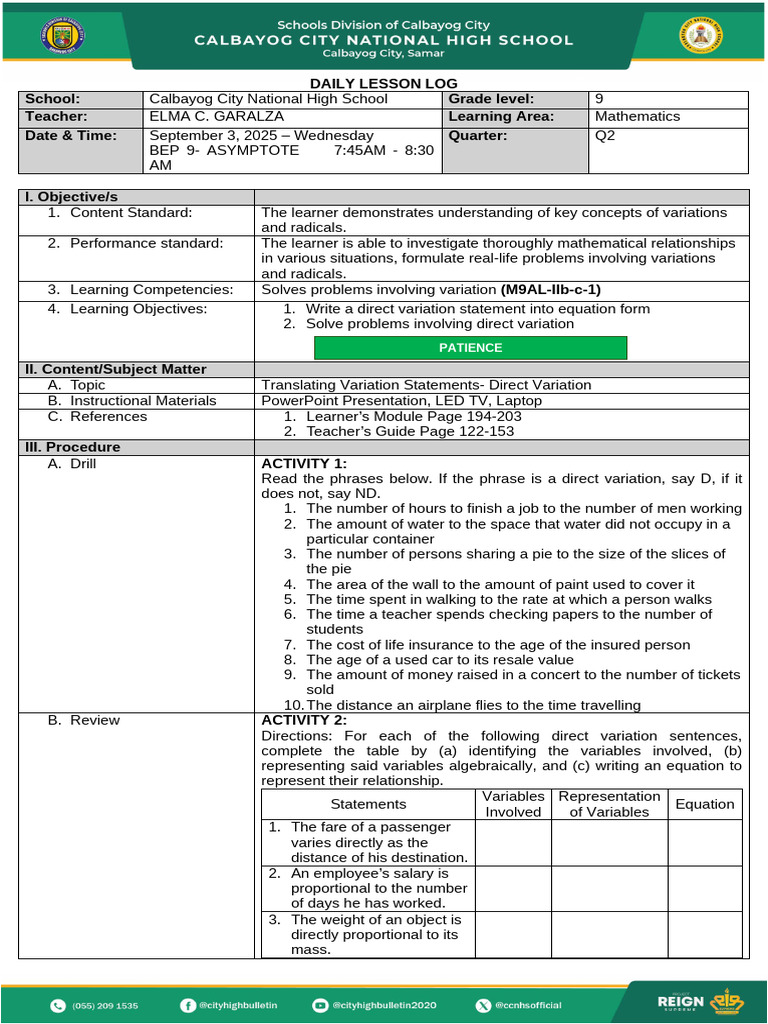 Direct Variation Lesson Plan for Grade 9 | PDF | Variable (Mathematics ...