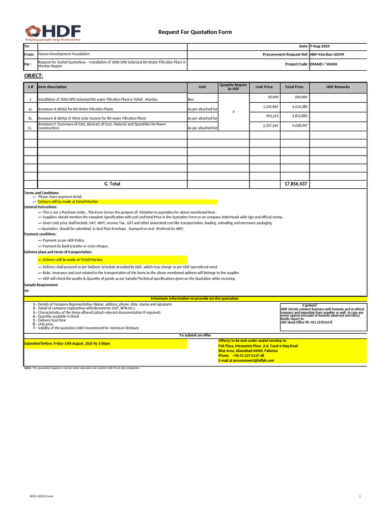 Job - RFQ For Solarized RO Water Filtration Plant | PDF | Value Added ...