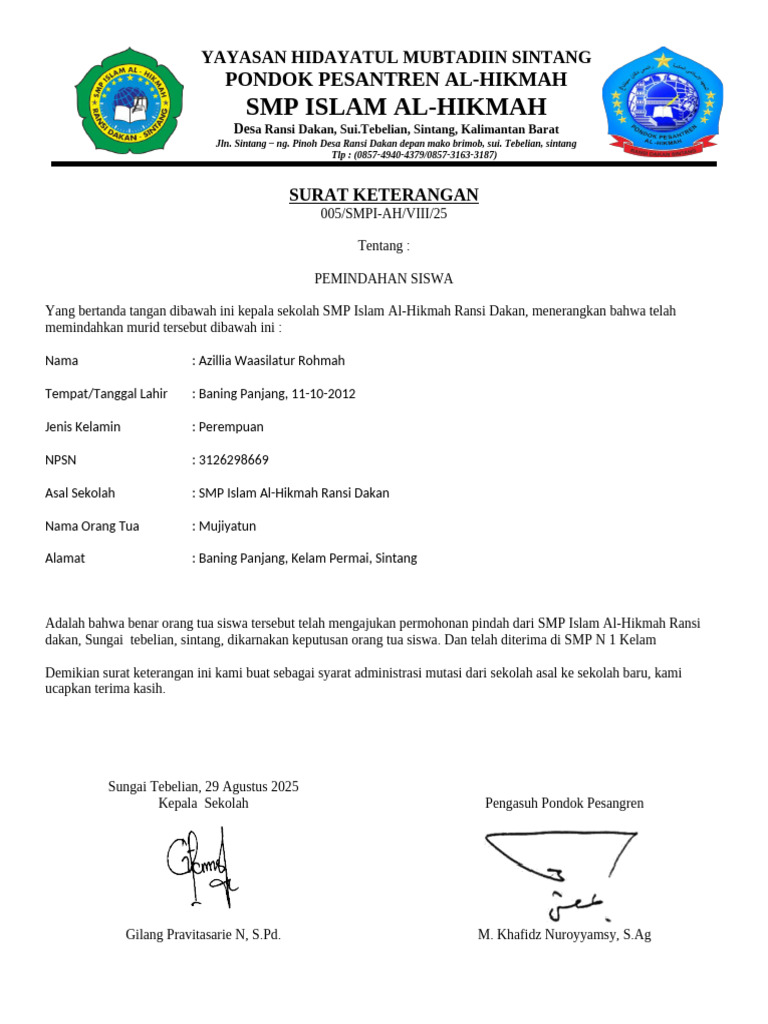 Surat Pemindahan Siswa (Azillia) | PDF