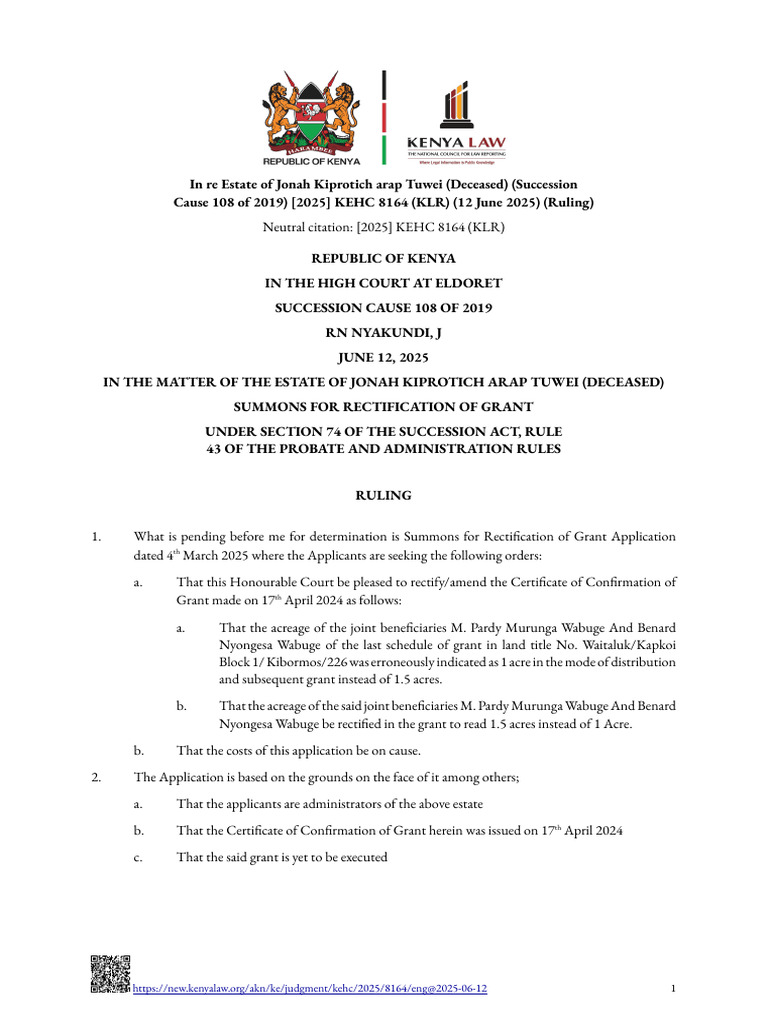 In Re Estate of Jonah Kiprotich Arap Tuwei (Deceased) (Succession Cause ...