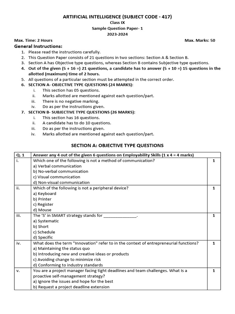 AI Class 9 Sample Paper - 1 | PDF | Artificial Intelligence ...