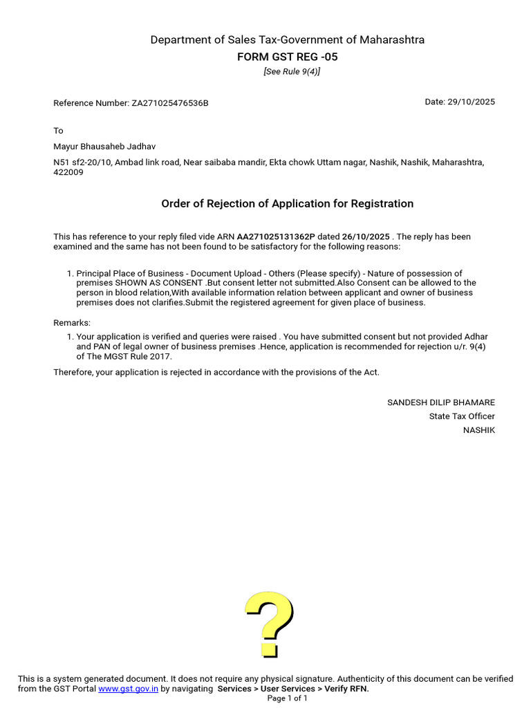 GST Registration Rejection Notice Maharashtra | PDF